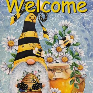 Furiaz Welcome Spring Honey Bee Gnome Garden Flag, Summer Yard Outdoor Home Decorative Burlap Lawn Outside Decoration, Daisy Flowers Small Decor Double Sided 12x18