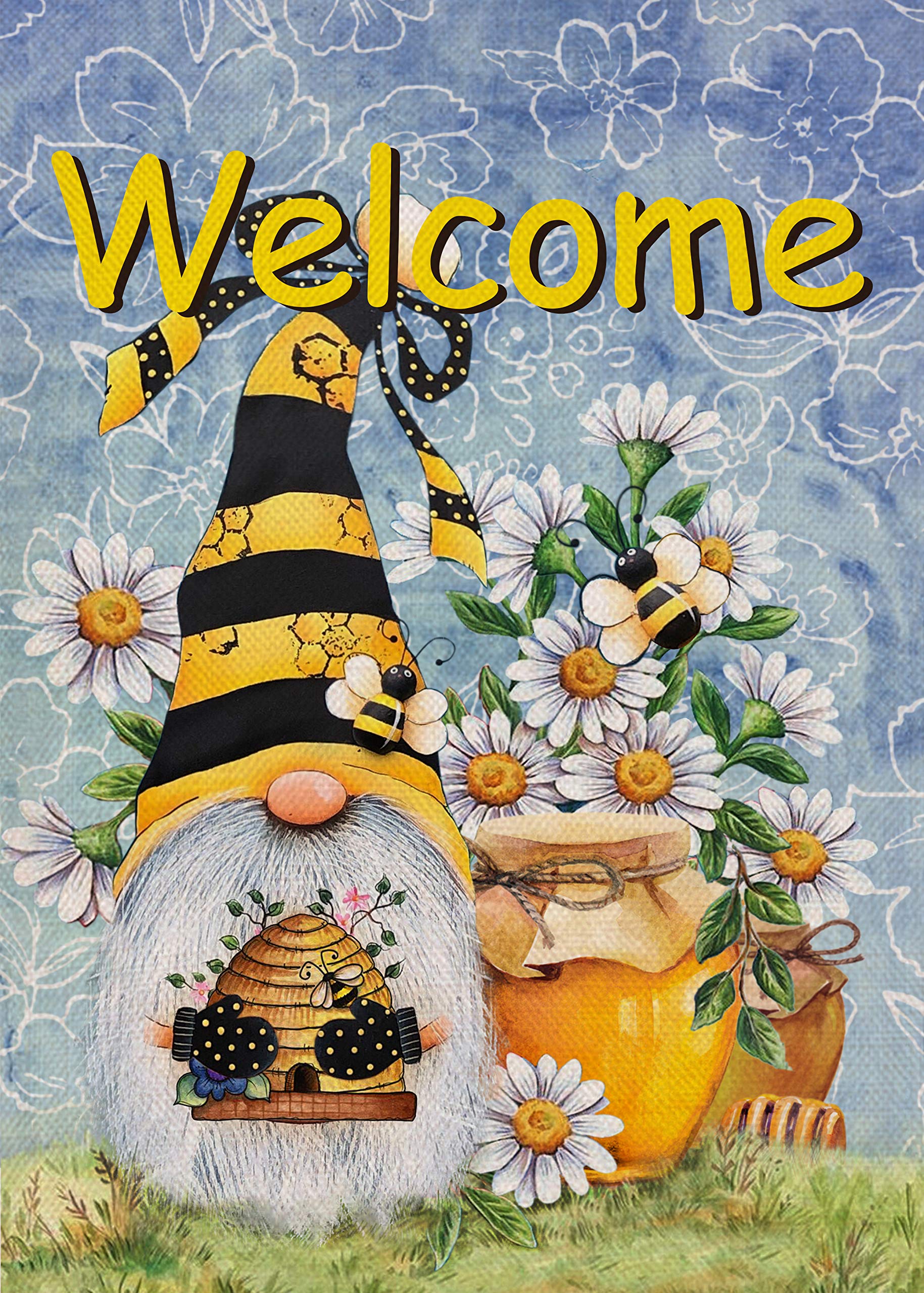 Furiaz Welcome Spring Honey Bee Gnome Garden Flag, Summer Yard Outdoor Home Decorative Burlap Lawn Outside Decoration, Daisy Flowers Small Decor Double Sided 12x18