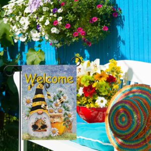 Furiaz Welcome Spring Honey Bee Gnome Garden Flag, Summer Yard Outdoor Home Decorative Burlap Lawn Outside Decoration, Daisy Flowers Small Decor Double Sided 12x18