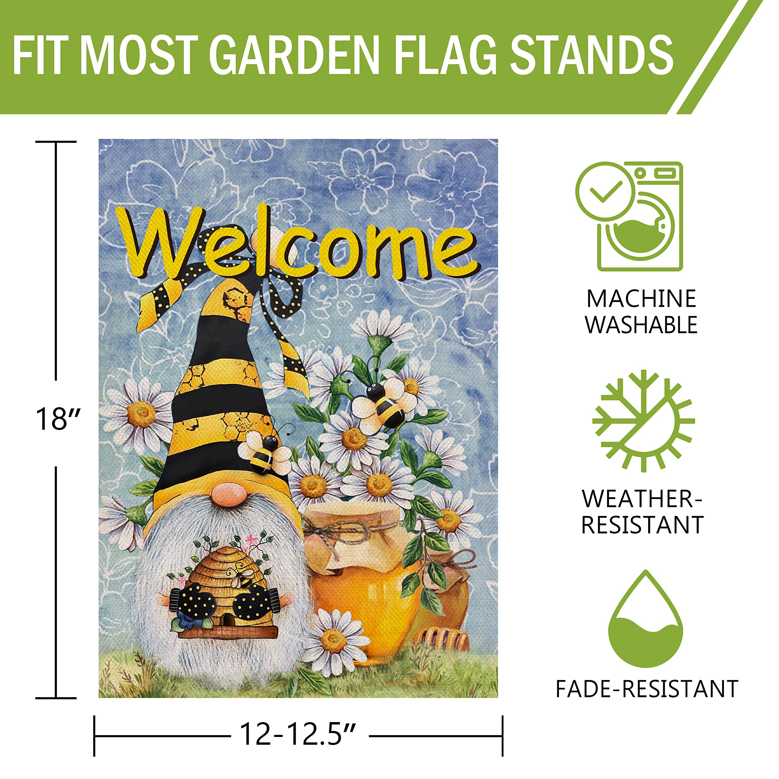 Furiaz Welcome Spring Honey Bee Gnome Garden Flag, Summer Yard Outdoor Home Decorative Burlap Lawn Outside Decoration, Daisy Flowers Small Decor Double Sided 12x18