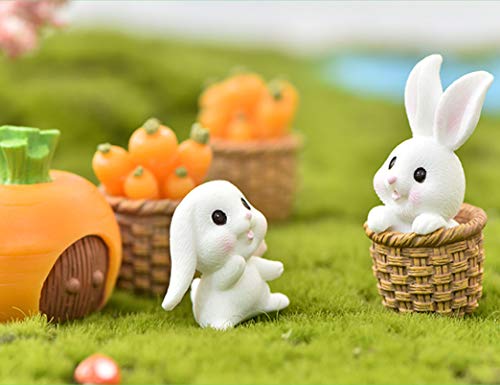 HoneyToys Resin Mini Rabbits Mini Carrot with Basket, Miniature Figurines, Fairy Garden Accessories, Fairy Garden Supplies, Fairy Garden Animals for Fairy Garden, Plant Pots, Bonsai Craft Decor