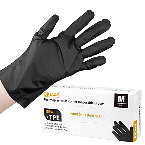 OKIAAS Black Plastic Gloves Disposable (X-Large 100-Count) Latex Free, for Kitchen Cooking Salon| Food Handling Serving, Hair Dying Coloring Gloves