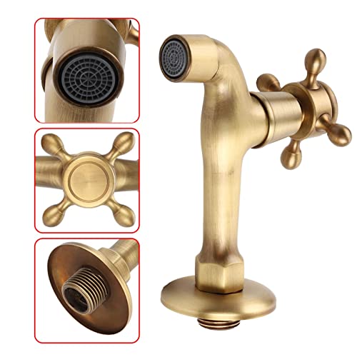 Oumefar Water Faucet, Wall Mounted Water Faucet Classic Water Tap Single Cross Handle Bathroom Faucet, Vintage Solid Antique Brass Faucet Single Cold Water Tape, Vanity Faucet(12.5cm / 4.92in)