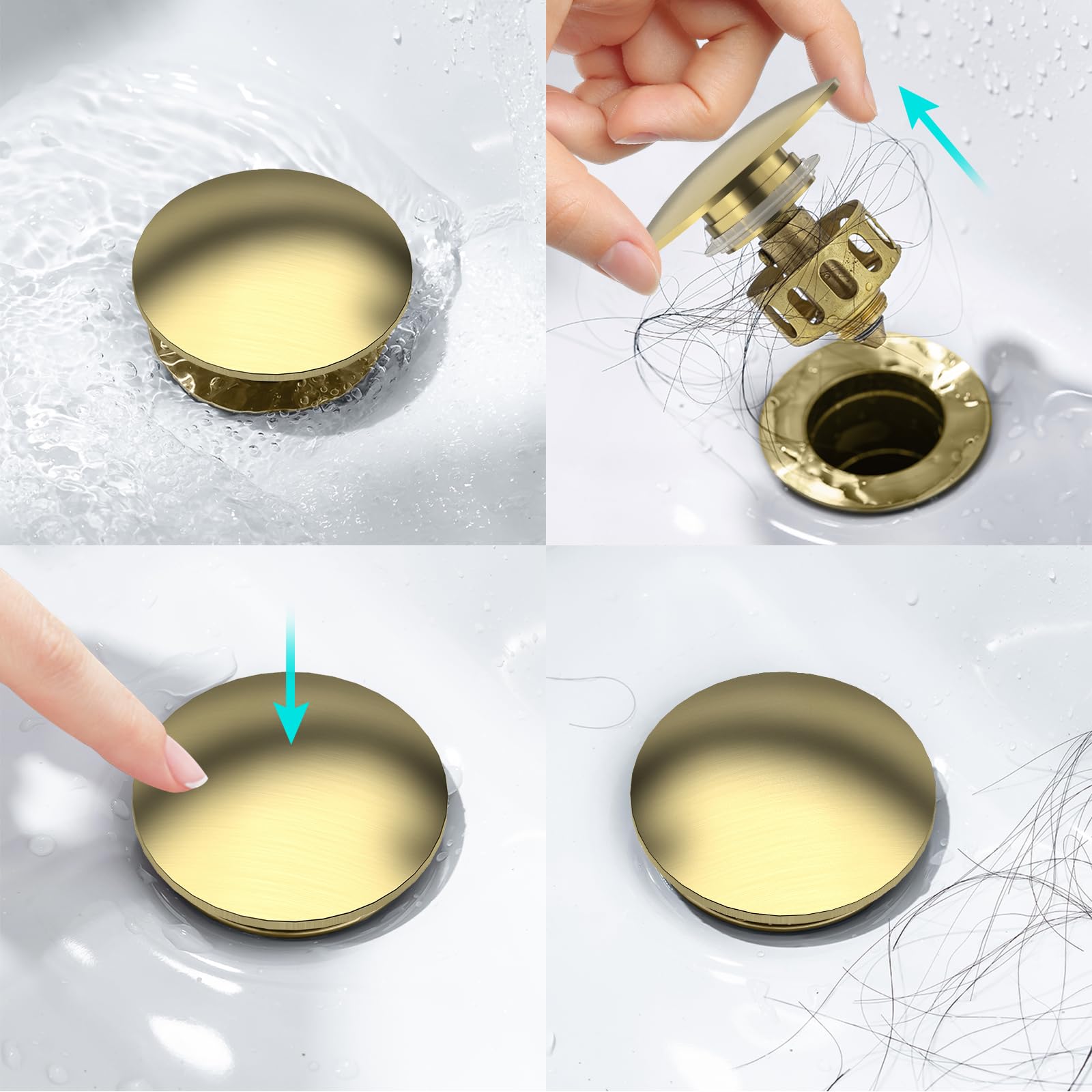 MIAOHUI Pop Up Sink Drain with Overflow, Bathroom Lavatory Vessel Vanity Sink Drain Stopper,Built-in Anti-Clogging Strainer Fits Standard Drain Hole(1-1/2" to 1-3/4")(Brushed Champagne Gold)