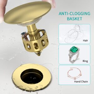 MIAOHUI Pop Up Sink Drain with Overflow, Bathroom Lavatory Vessel Vanity Sink Drain Stopper,Built-in Anti-Clogging Strainer Fits Standard Drain Hole(1-1/2" to 1-3/4")(Brushed Champagne Gold)