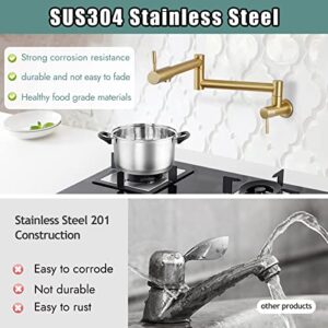 Heyalan Pot Filler 19 Inch Wall Mount Folding Stretchable Kitchen Restaurant Faucet Stainless Steel Pot Filler Double Joint Swing Arm Two Handles Commercial NPT,Straight Handle,Brushed Gold