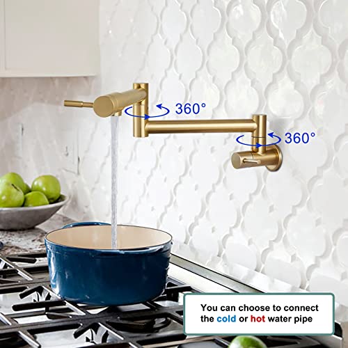 Heyalan Pot Filler 19 Inch Wall Mount Folding Stretchable Kitchen Restaurant Faucet Stainless Steel Pot Filler Double Joint Swing Arm Two Handles Commercial NPT,Straight Handle,Brushed Gold