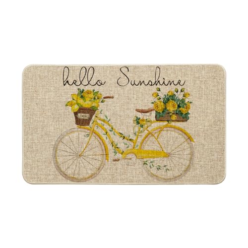 Artoid Mode Hello Sunshine Bicycle Lemon Flower Decorative Doormat, Seasonal Spring Holiday Low-Profile Floor Mat Switch Mat for Indoor Outdoor 17 x 29 Inch