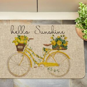 Artoid Mode Hello Sunshine Bicycle Lemon Flower Decorative Doormat, Seasonal Spring Holiday Low-Profile Floor Mat Switch Mat for Indoor Outdoor 17 x 29 Inch