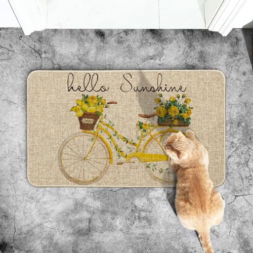 Artoid Mode Hello Sunshine Bicycle Lemon Flower Decorative Doormat, Seasonal Spring Holiday Low-Profile Floor Mat Switch Mat for Indoor Outdoor 17 x 29 Inch