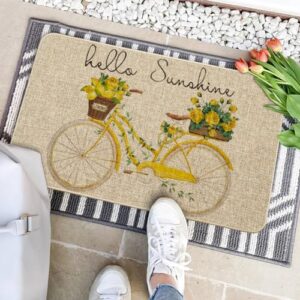 Artoid Mode Hello Sunshine Bicycle Lemon Flower Decorative Doormat, Seasonal Spring Holiday Low-Profile Floor Mat Switch Mat for Indoor Outdoor 17 x 29 Inch