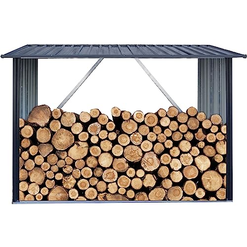 Hanover Indoor or Outdoor Firewood Rack, Open Woodshed for Wood Storage, Galvanized Steel Material, 7.1-Ft. x 2.75-Ft. x 5-Ft., Dark Gray