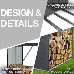 Hanover Indoor or Outdoor Firewood Rack, Open Woodshed for Wood Storage, Galvanized Steel Material, 7.1-Ft. x 2.75-Ft. x 5-Ft., Dark Gray