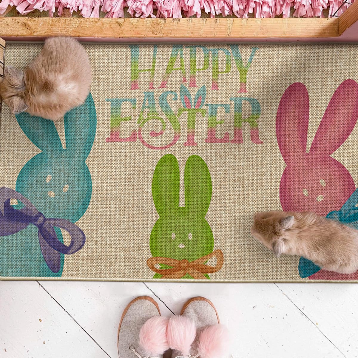 Artoid Mode Welcome Easter Rabbits Elegant Decorative Doormat, Seasonal Spring Easter Farmhouse Holiday Low-Profile Floor Mat Switch Mat for Indoor Outdoor 17 Inch x 29 Inch