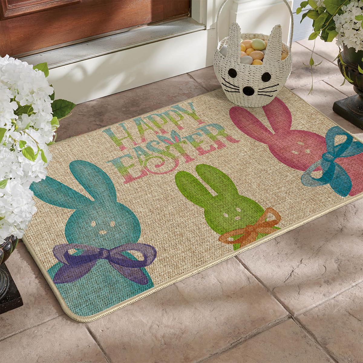 Artoid Mode Welcome Easter Rabbits Elegant Decorative Doormat, Seasonal Spring Easter Farmhouse Holiday Low-Profile Floor Mat Switch Mat for Indoor Outdoor 17 Inch x 29 Inch