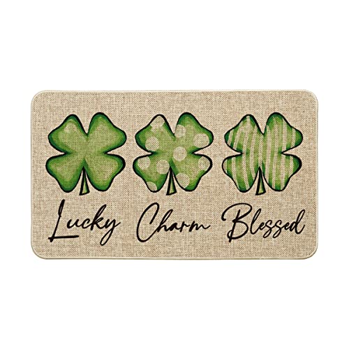 Artoid Mode Lucky Charm Blessed Clover Shamrock Decorative Doormat, Seasonal Spring St. Patrick's Day Holiday Low-Profile Floor Mat Switch Mat for Indoor Outdoor 17 x 29 Inch