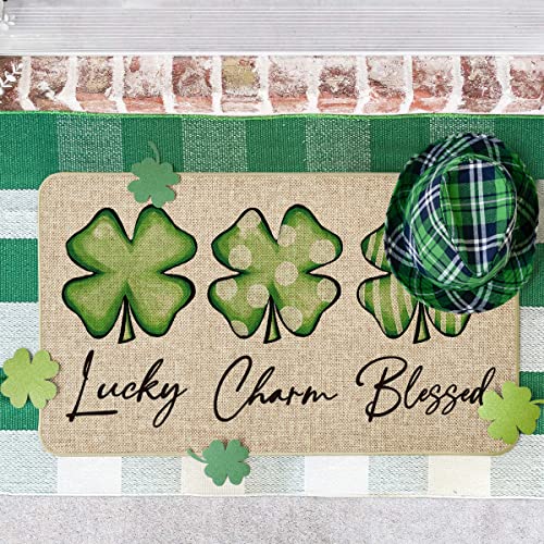 Artoid Mode Lucky Charm Blessed Clover Shamrock Decorative Doormat, Seasonal Spring St. Patrick's Day Holiday Low-Profile Floor Mat Switch Mat for Indoor Outdoor 17 x 29 Inch