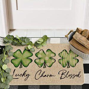 Artoid Mode Lucky Charm Blessed Clover Shamrock Decorative Doormat, Seasonal Spring St. Patrick's Day Holiday Low-Profile Floor Mat Switch Mat for Indoor Outdoor 17 x 29 Inch