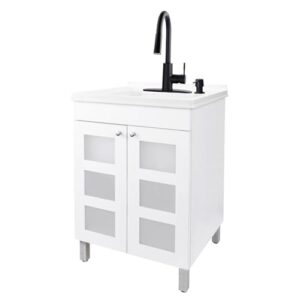 utility sink with white vanity cabinet by js jackson supplies, black high-arc pull-down sprayer faucet, soap dispenser and spacious vanity for laundry room