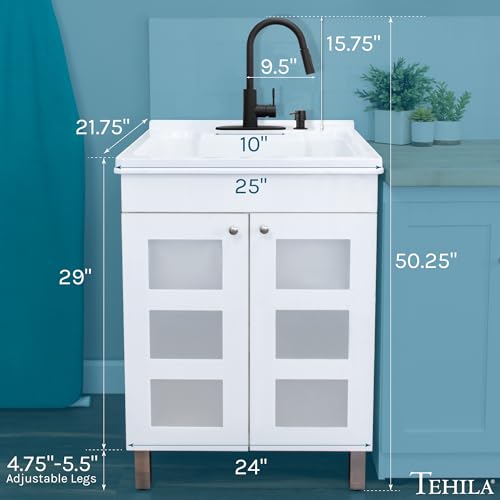 Utility Sink with White Vanity Cabinet by JS Jackson Supplies, Black High-Arc Pull-Down Sprayer Faucet, Soap Dispenser and Spacious Vanity for Laundry Room