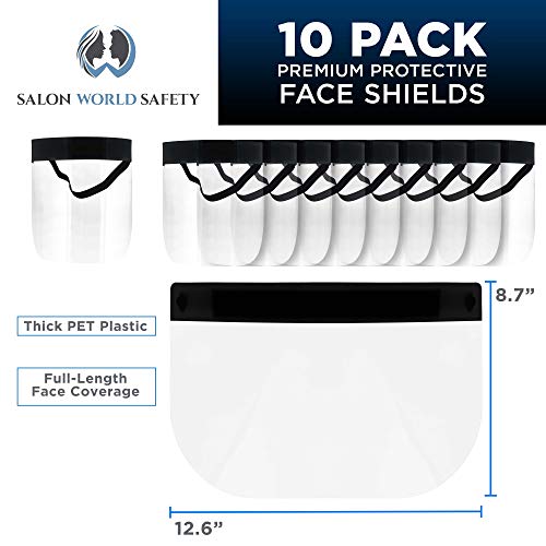 Salon World Safety Black Face Shields (Pack of 10) - Ultra Clear Protective Full Face Shields to Protect Eyes, Nose and Mouth - Anti-Fog PET Plastic, Elastic Headband - Sanitary Droplet Splash Guard