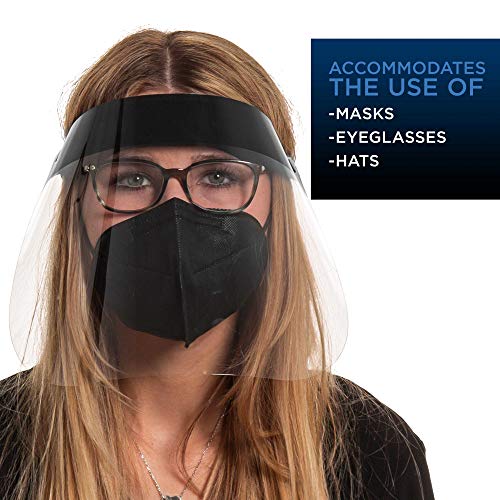 Salon World Safety Black Face Shields (Pack of 10) - Ultra Clear Protective Full Face Shields to Protect Eyes, Nose and Mouth - Anti-Fog PET Plastic, Elastic Headband - Sanitary Droplet Splash Guard