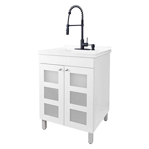 White Utility Sink in White Vanity, Matte Black Pull-Down Coil Faucet, Soap Dispenser and Spacious Cabinet by JS Jackson Supplies for Garage, Basement, Shop and Laundry Room