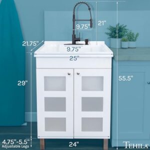 White Utility Sink in White Vanity, Matte Black Pull-Down Coil Faucet, Soap Dispenser and Spacious Cabinet by JS Jackson Supplies for Garage, Basement, Shop and Laundry Room