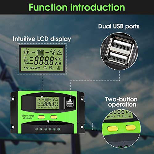 CarBest 30A Solar Charger Controller, 12V/24V Solar Panel Intelligent Regulator with Dual USB Port and LCD Display (Upgraded)