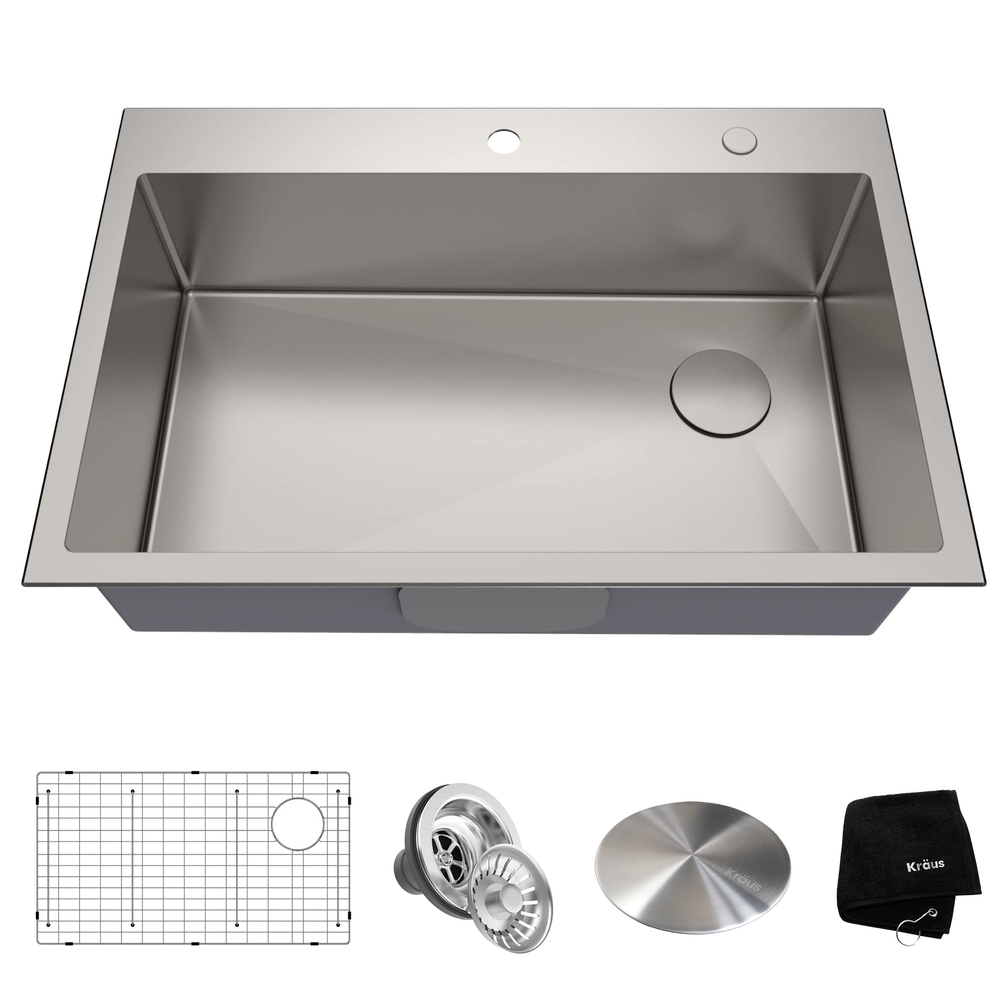 KRAUS 33 x 22 inch Drop-In Top Mount Standart PRO Single Bowl 2-Hole Stainless Steel Kitchen Sink Set (5 Item Bundle: Sink, Bottom Grid, Drain Assembly, Drain Cap, Kitchen Towel), KHT410-33