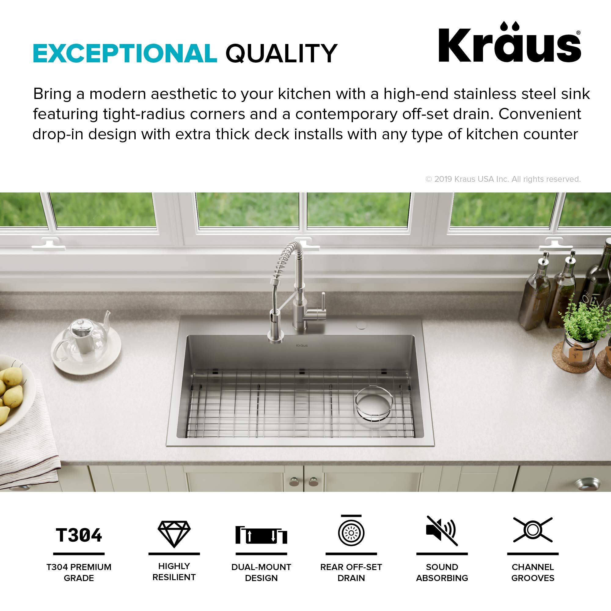 KRAUS 33 x 22 inch Drop-In Top Mount Standart PRO Single Bowl 2-Hole Stainless Steel Kitchen Sink Set (5 Item Bundle: Sink, Bottom Grid, Drain Assembly, Drain Cap, Kitchen Towel), KHT410-33