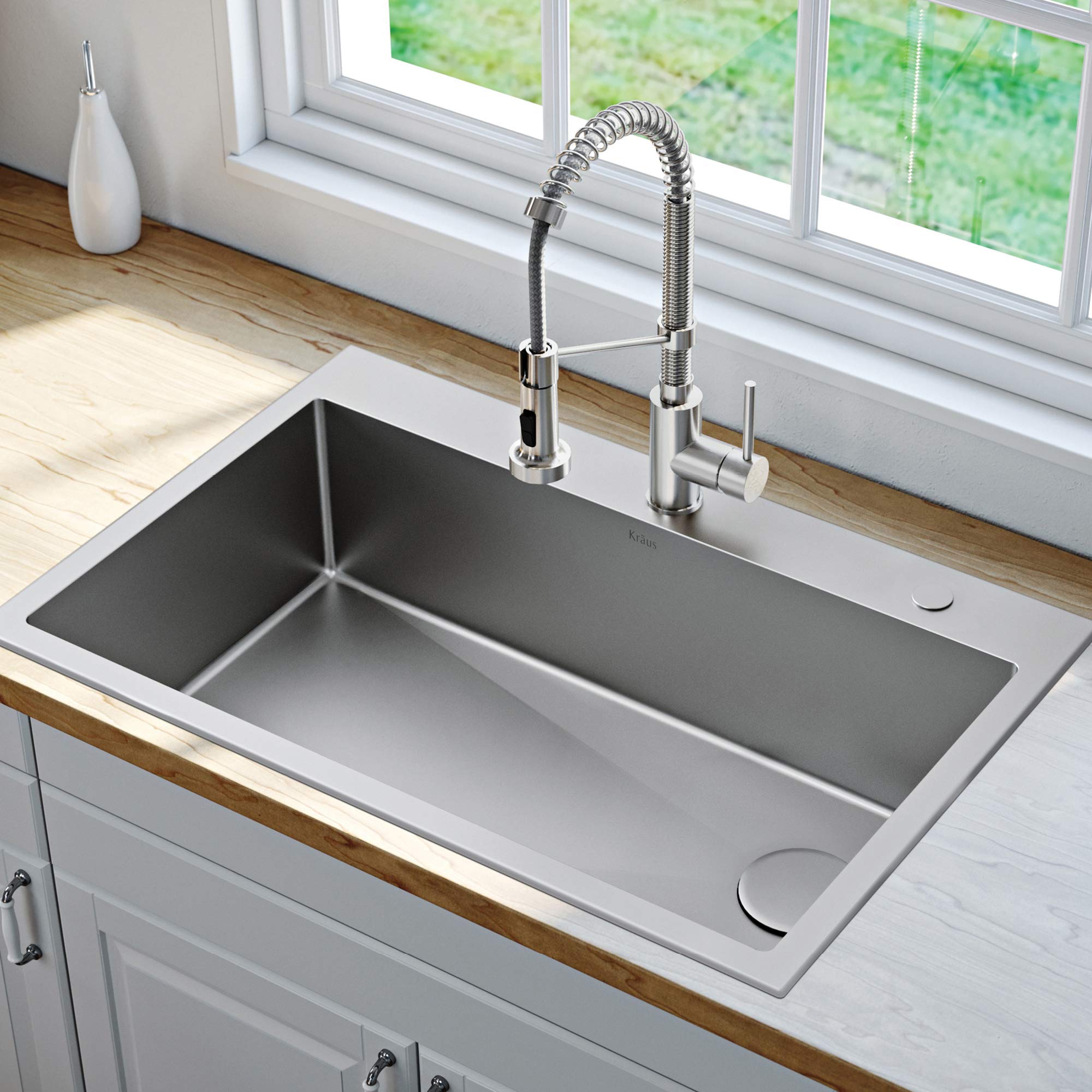 KRAUS 33 x 22 inch Drop-In Top Mount Standart PRO Single Bowl 2-Hole Stainless Steel Kitchen Sink Set (5 Item Bundle: Sink, Bottom Grid, Drain Assembly, Drain Cap, Kitchen Towel), KHT410-33