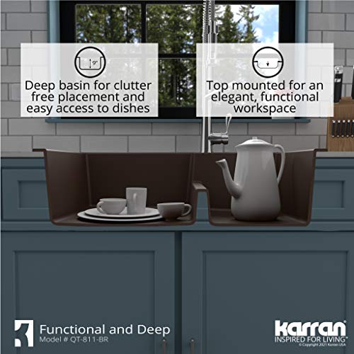 Karran QT-811 33" Top Mount Large/Small Bowl Quartz Kitchen Sink Kit in Brown