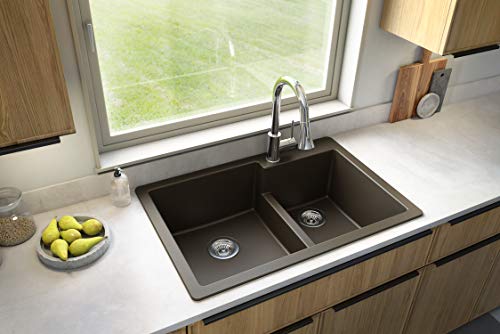 Karran QT-811 33" Top Mount Large/Small Bowl Quartz Kitchen Sink Kit in Brown