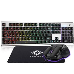 beastron gaming keybaord and mouse gaming mouse pad, led rainbow backlit usb wired computer keyboard 104 keys mechanical feel gaming keyboard set for windows pc gamer, black