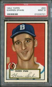 1952 topps 33 warren spahn (black back) braves psa 9 01026721 - baseball slabbed vintage cards