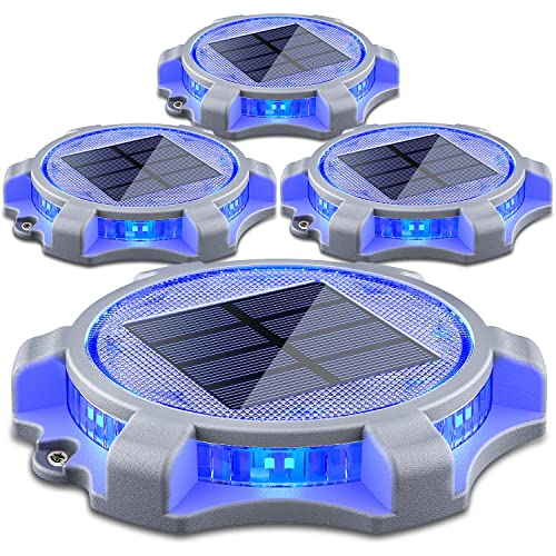 Siedinlar Solar Deck Lights Outdoor 2 Modes LED Driveway Markers Dock Light Solar Powered Waterproof for Step Walkway Ground Stair Pathway Yard Road Garden 4 Pack (Blue/Red)