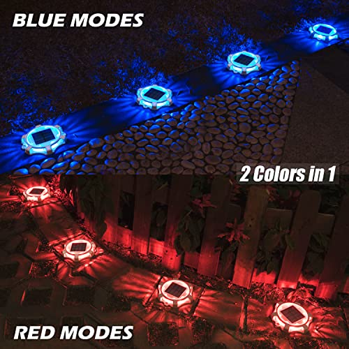 Siedinlar Solar Deck Lights Outdoor 2 Modes LED Driveway Markers Dock Light Solar Powered Waterproof for Step Walkway Ground Stair Pathway Yard Road Garden 4 Pack (Blue/Red)