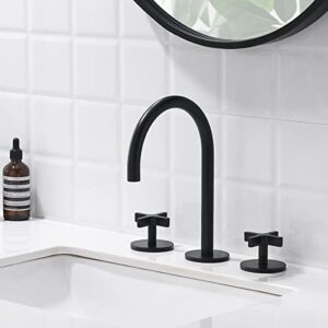 matte black bathroom faucet, indare 8-inch brass widespread faucet for bathroom sink 3 holes with pop-up drain assembly and supply lines preassembled, 110101-pb