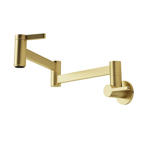 KATAIS Pot Filler Faucet Wall Mount Kitchen Sink Folding Faucet Double Joint Swing Arm Extended Spout Two Shut Off Handle Brass Brushed Gold Finish