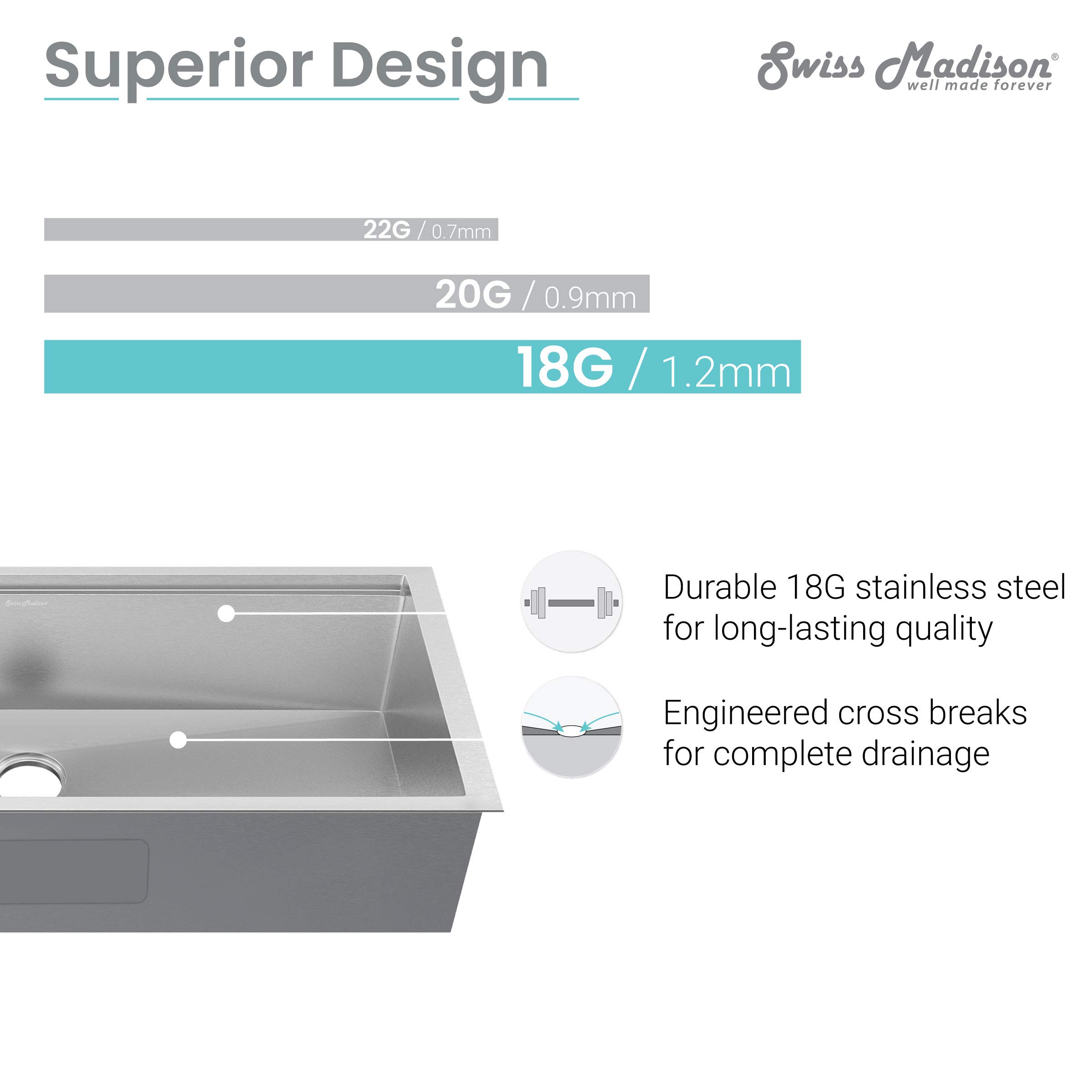 Swiss Madison Rivage 45 x 19 Single Basin Undermount Kitchen Workstation Sink, stainless steel (SM-KU756)