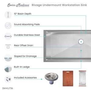 Swiss Madison Rivage 45 x 19 Single Basin Undermount Kitchen Workstation Sink, stainless steel (SM-KU756)