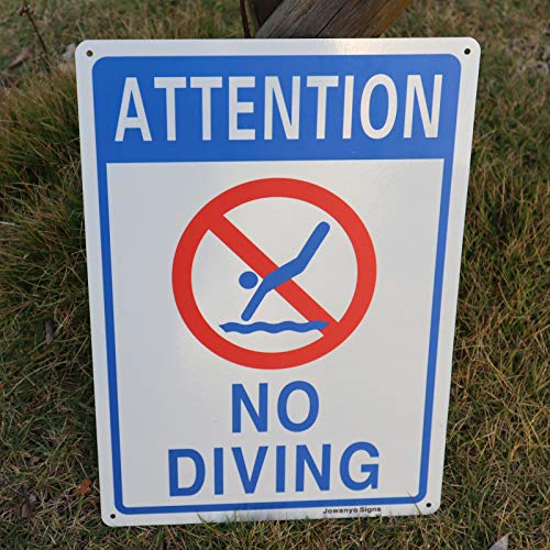 Attention No Diving Pool Sign,14 x 10 inches,Reflective Aluminum,Easy to Mount,UV Protected,Weather Resistant,Waterproof,Durable Ink,Outdoor or Indoor Use,2 Pack