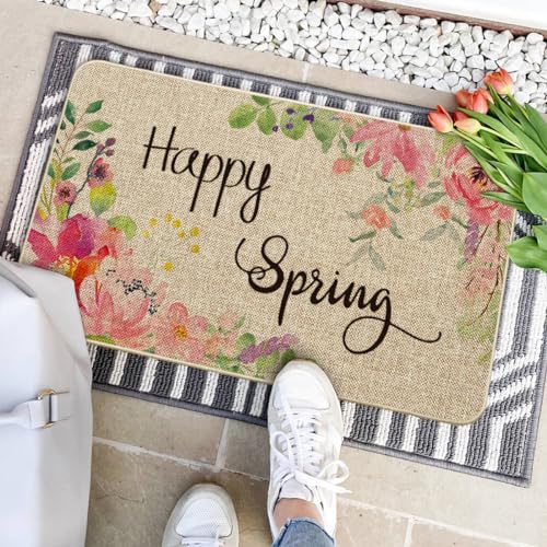 Artoid Mode Peony Flowers Happy Spring Doormat, Seasonal Home Decor Holiday Low-Profile Floor Mat Switch Mat for Indoor Outdoor 17 x 29 Inch