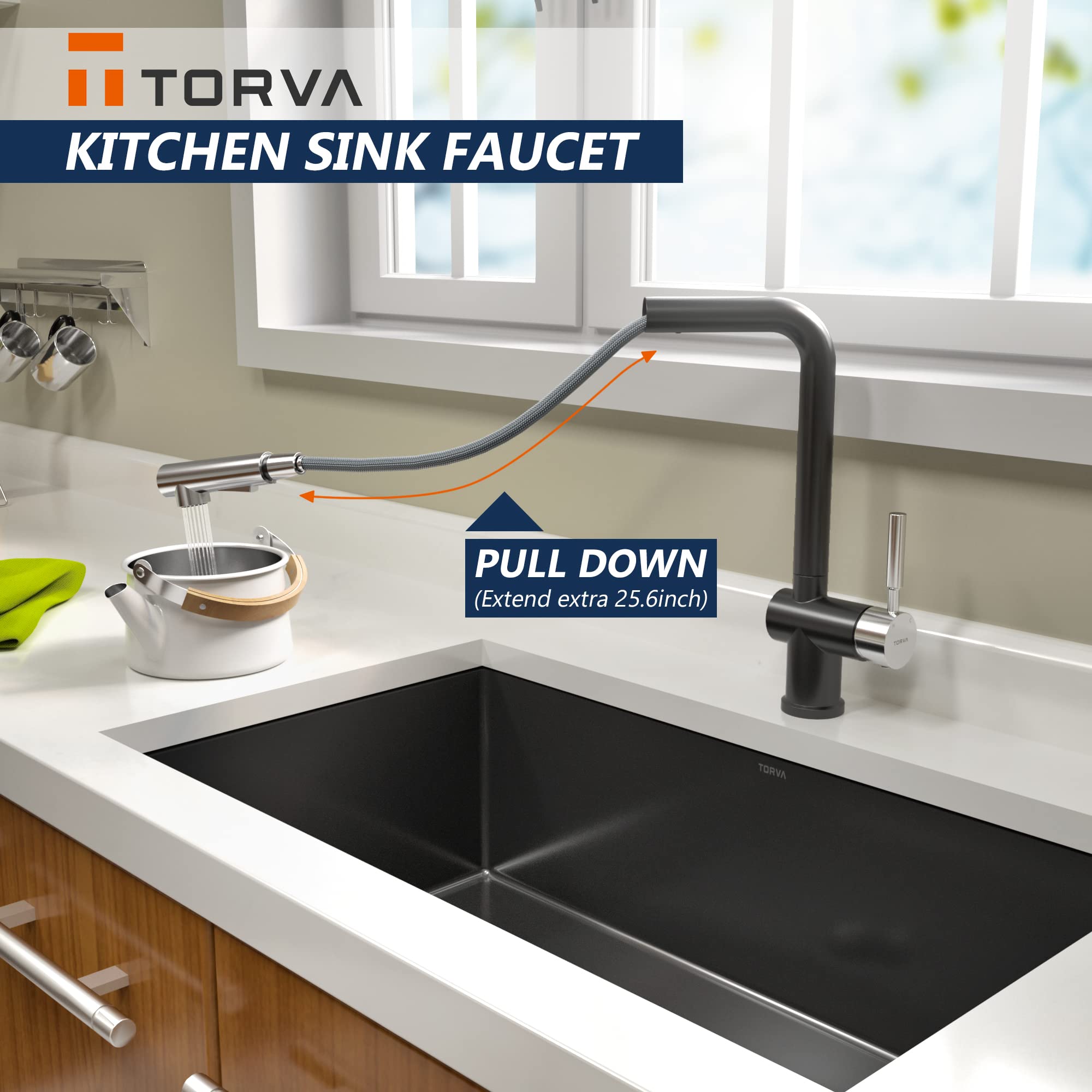 TORVA Black Pull Down Kitchen Faucets, Stainless Steel Kitchen Sink Faucet with Pull Out Sprayer Single Handle with Deck Plate, Matte Black