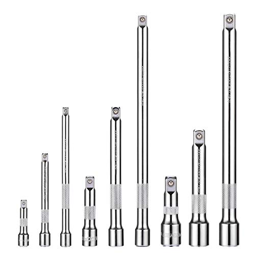 MIXPOWER 9-Piece Extension Bar Set, 1/4", 3/8" and 1/2" Drive Socket Extension Bar, CR-V, Mirror Finish