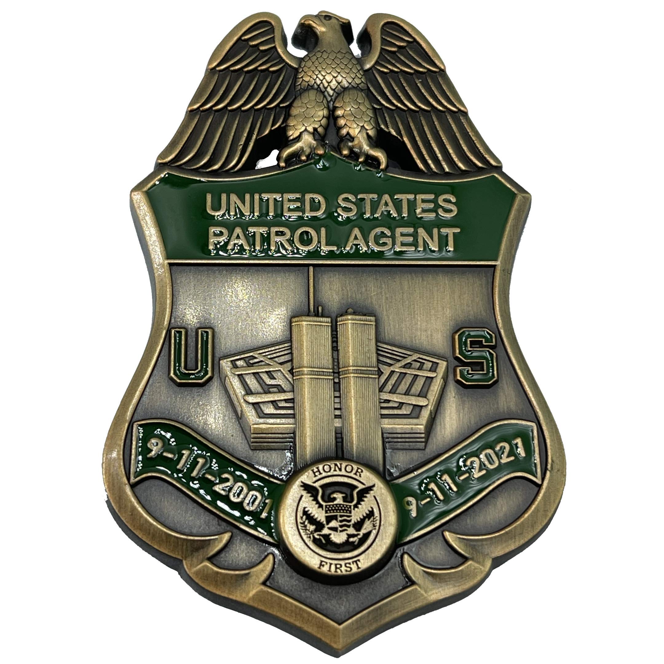 LEO Challenge Coins CL12-07 U.S. Border Patrol CBP BPA Agent September 11th 9/11 Commemorative 20th Anniversary Memorial Shield Honor First, Medium