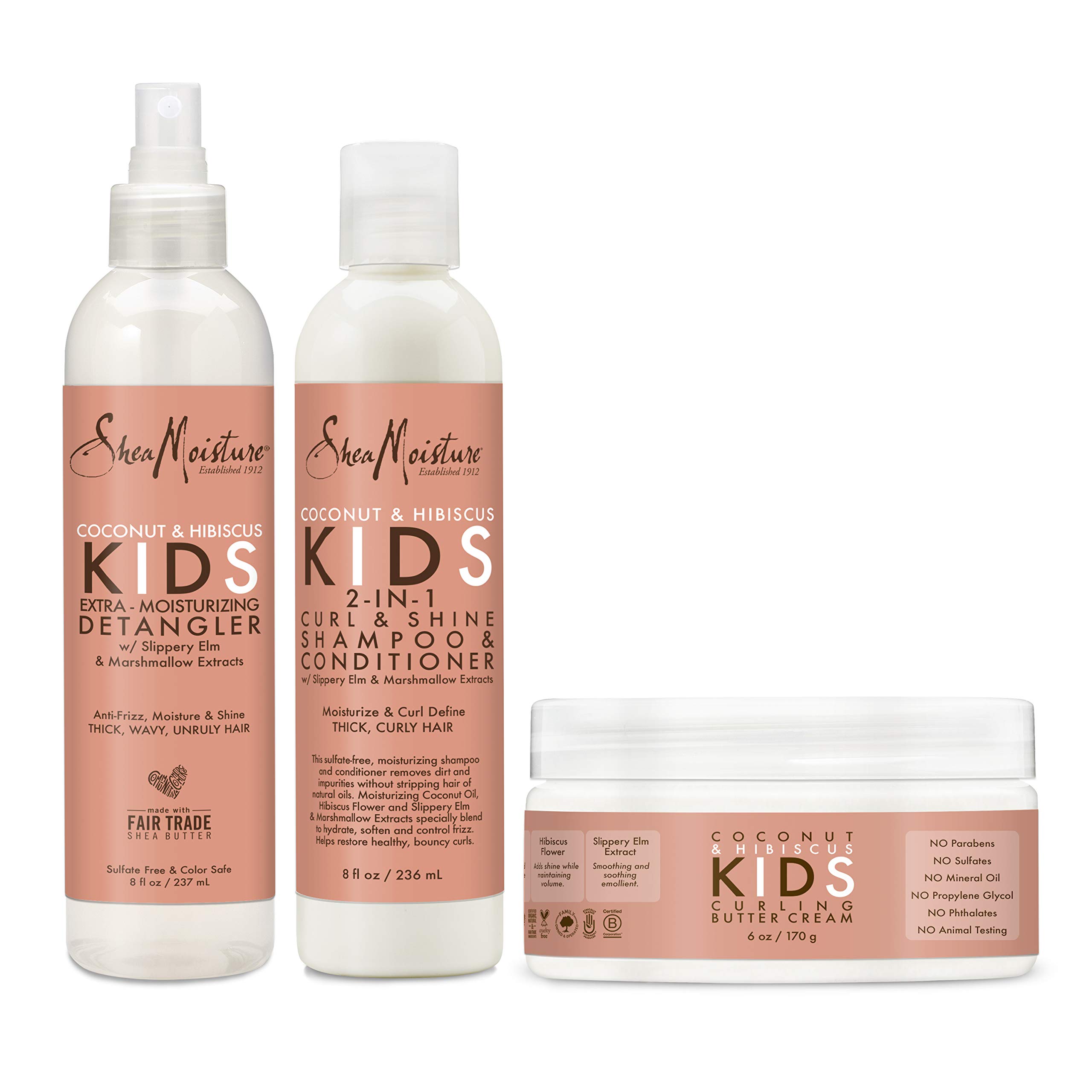 SheaMoisture Kids Extra Moisturizing Detangler, 2-In-1 Curl & Shine Coconut Hibiscus Shampoo & Conditioner, and Curling Butter Cream for Curly Hair 3 Count