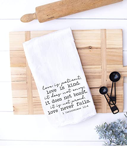 Handmade Corinthians Kitchen Towels - 100% Cotton Dish Towel Love is Patient Love is Kind - Valentine Engagement Bridal Shower Newlywed Hostess Gift (Love is Patient Love is Kind)