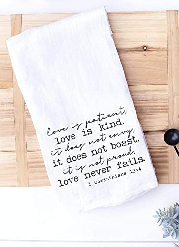 Handmade Corinthians Kitchen Towels - 100% Cotton Dish Towel Love is Patient Love is Kind - Valentine Engagement Bridal Shower Newlywed Hostess Gift (Love is Patient Love is Kind)